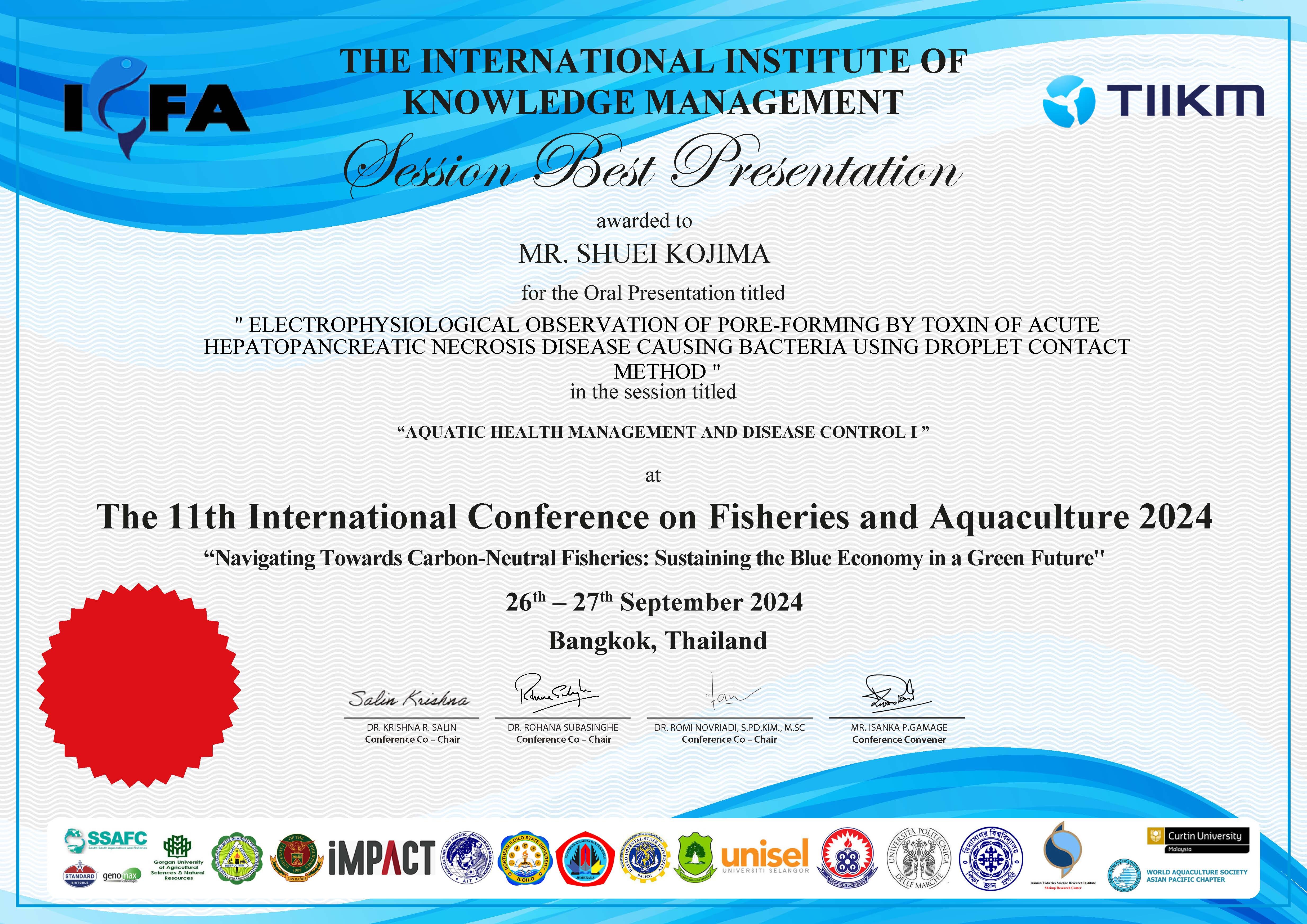【受賞・表彰】小島宗瑛さん（修士2年）が、The 11th International Conference on Fisheries and Aquaculture 2024において ...